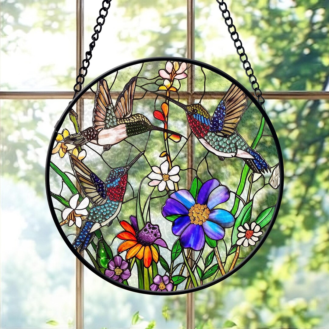 Hummingbirds Stained Glass Suncatcher, Indoor Home Decor, Wildflowers ...