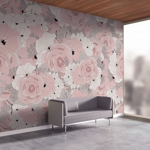 Roses Flowers in Pink and Gray Colors Removable Wallpaper for Living ...