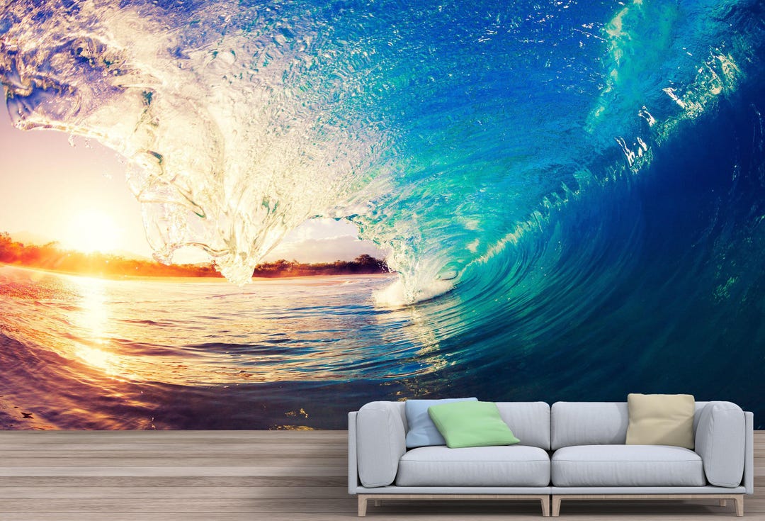 Tropical Island Wave Wallpaper: Sunrise Peel & Stick Mural - Etsy