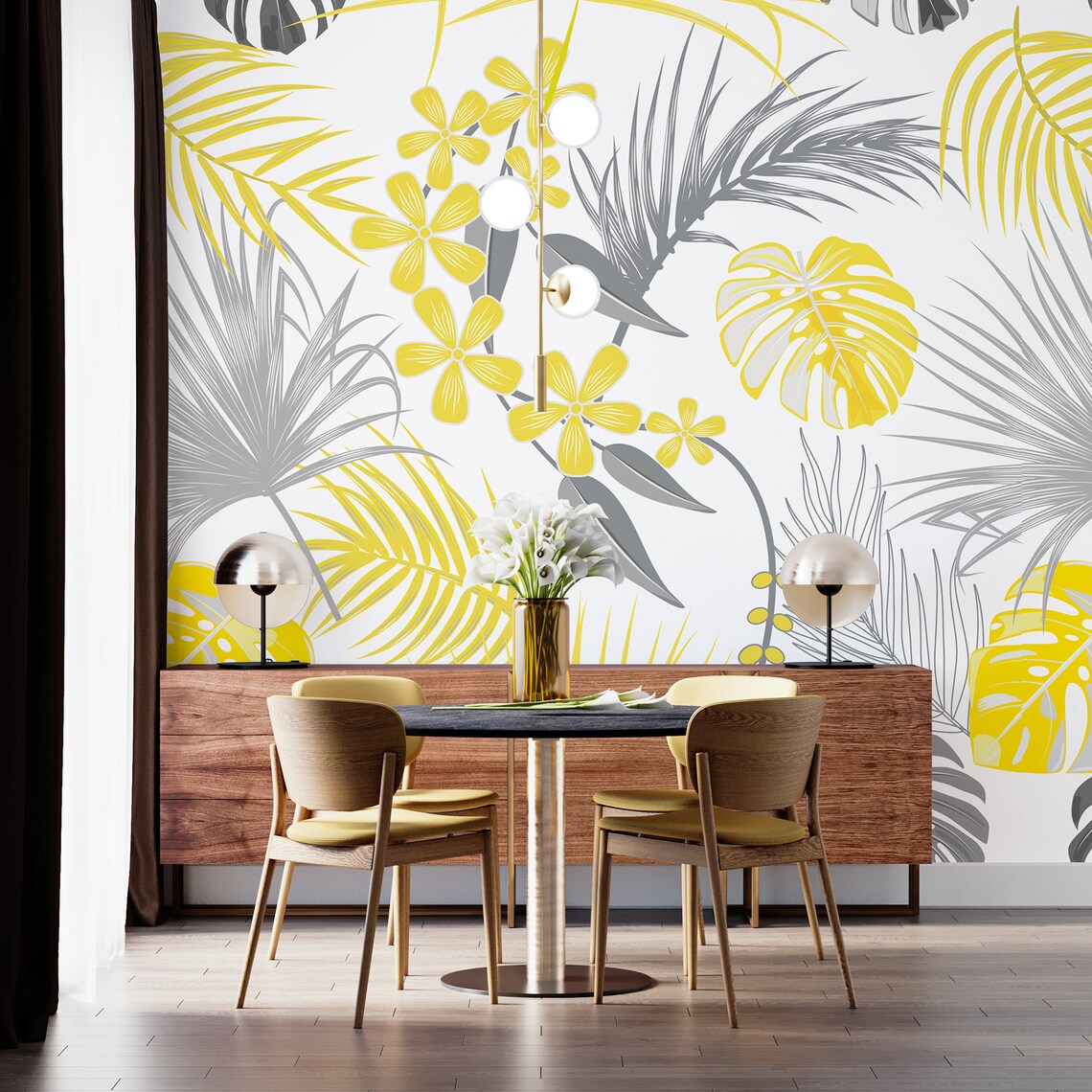 Large Mural Yellow Tropical Leaves Pattern Wallpaper | Etsy
