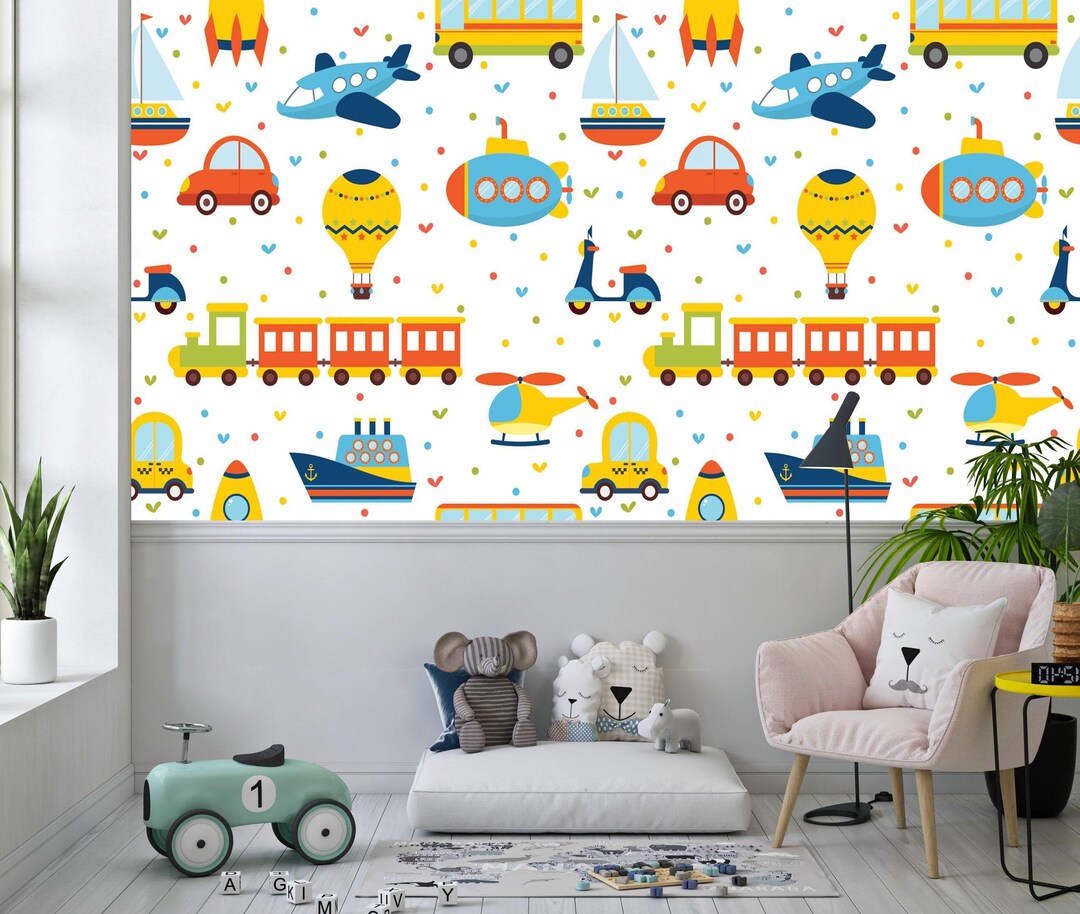 Kids Transportation Wallpaper Mural, Train, Car, Boat, Plane (peel ...