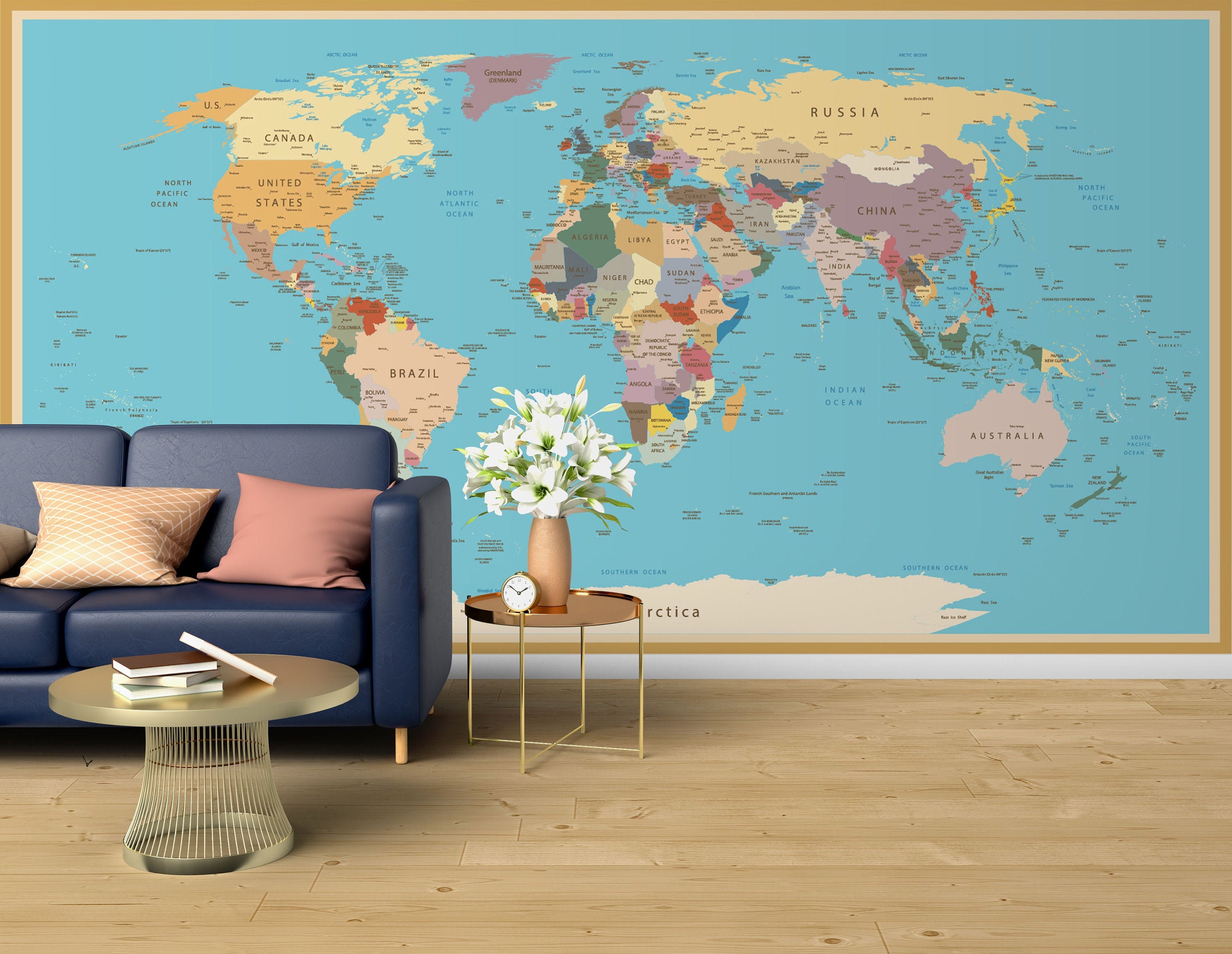 World Map Wallpaper Map Print Wallpaper Self-adhesive Wall | Etsy