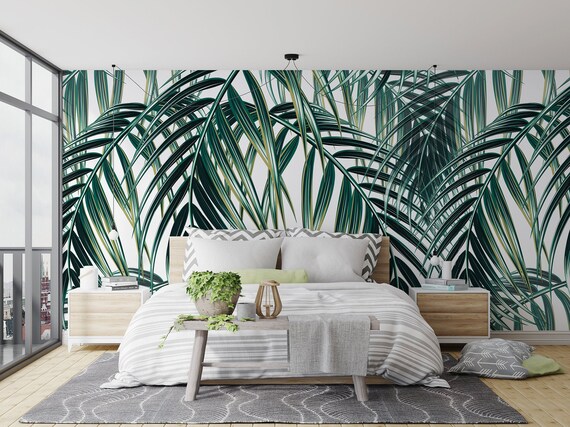 Tropical Dark Green Leafy Wallpaper A Rustic Interior Design | Etsy