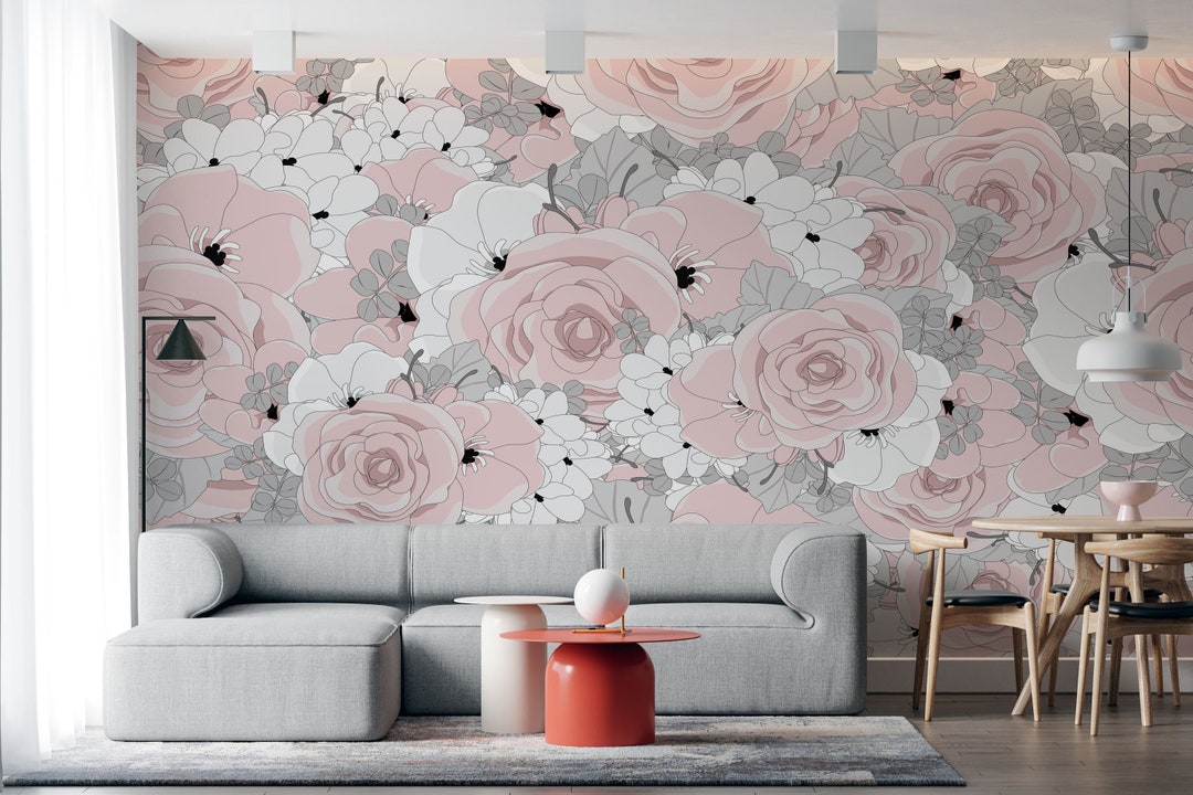 Roses Flowers in Pink and Gray Colors Removable Wallpaper for Living ...