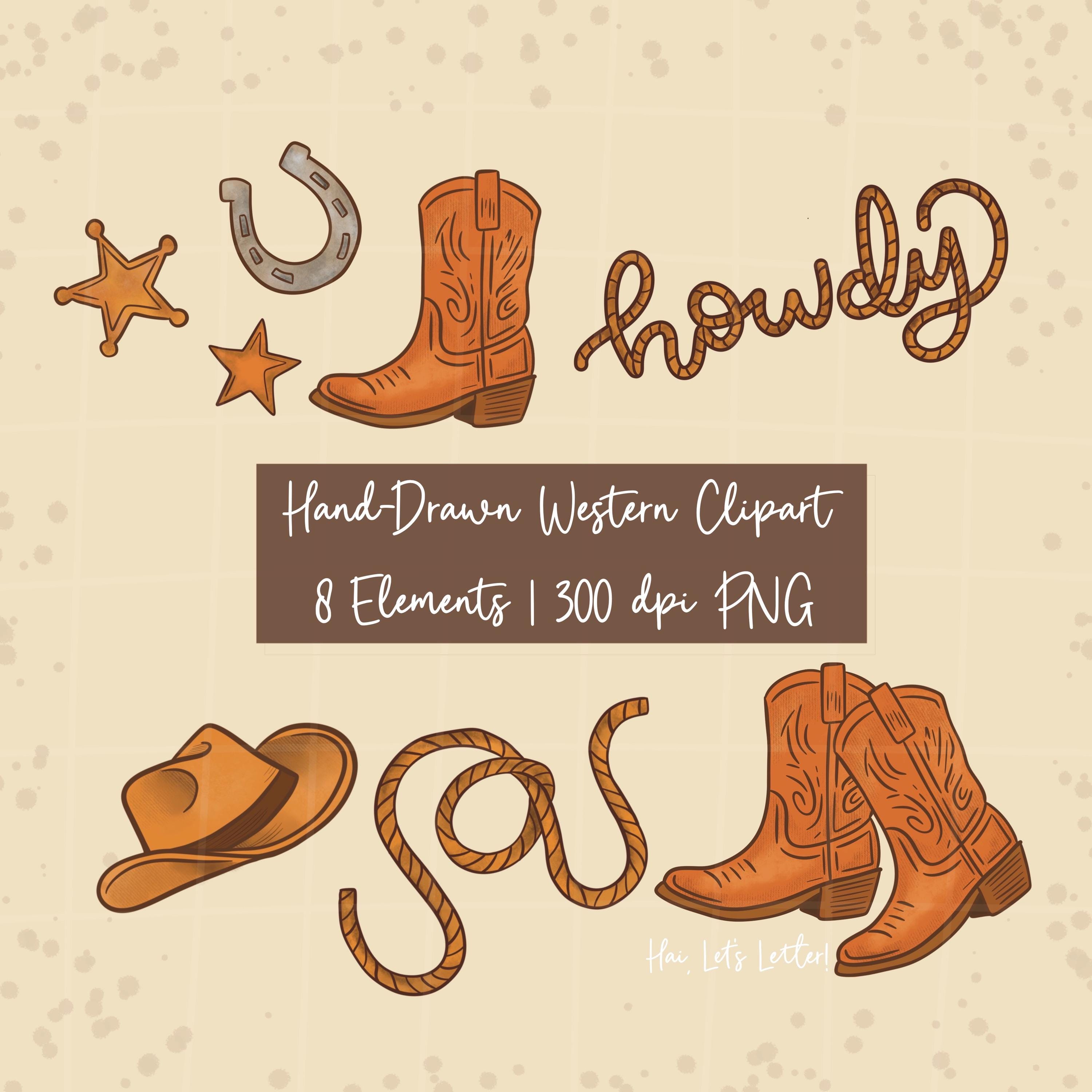 8 Set of Hand Drawn Western Clipart PNG | Cowboy Boots Hat Rope Howdy ...