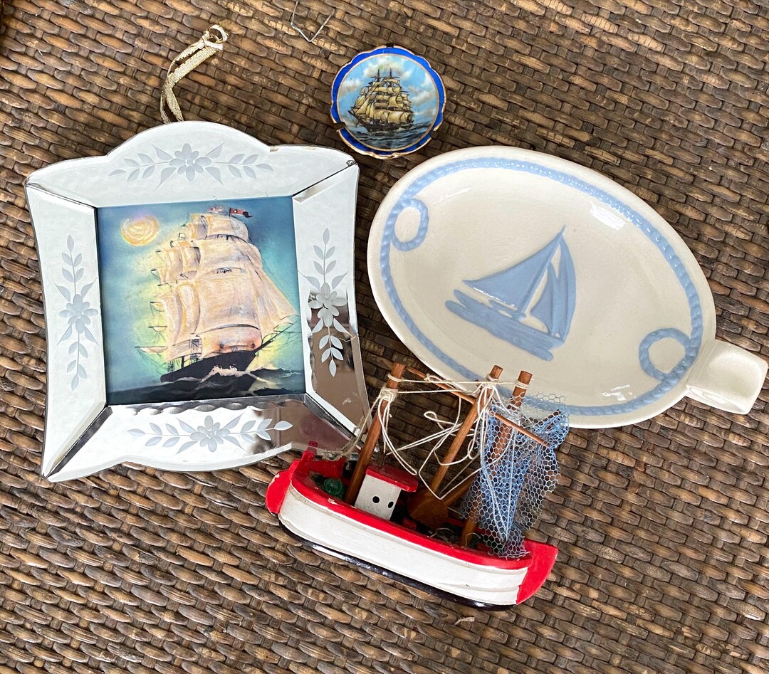 Vintage Vingette Set of Nautical Knickknacks, Framed Clippership Print ...