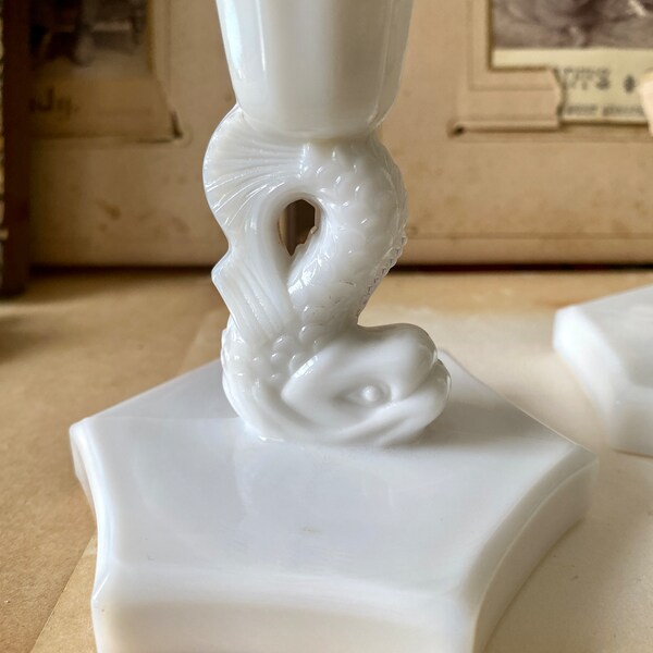 Milk Glass Dolphin Candlesticks - Etsy