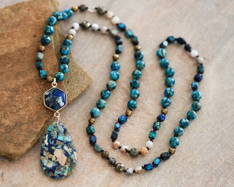 Sea Sediment Jasper Boho Long Necklace, Knotted Bead Bohemia Necklace ...