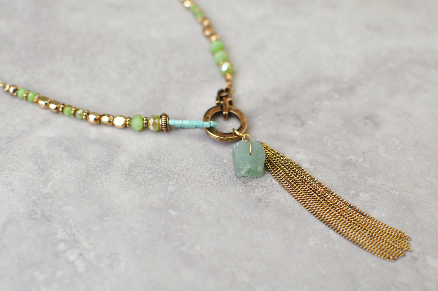 Boho Tassel Necklace, Green Beaded Pendant, Gypsy Jewelry - Etsy