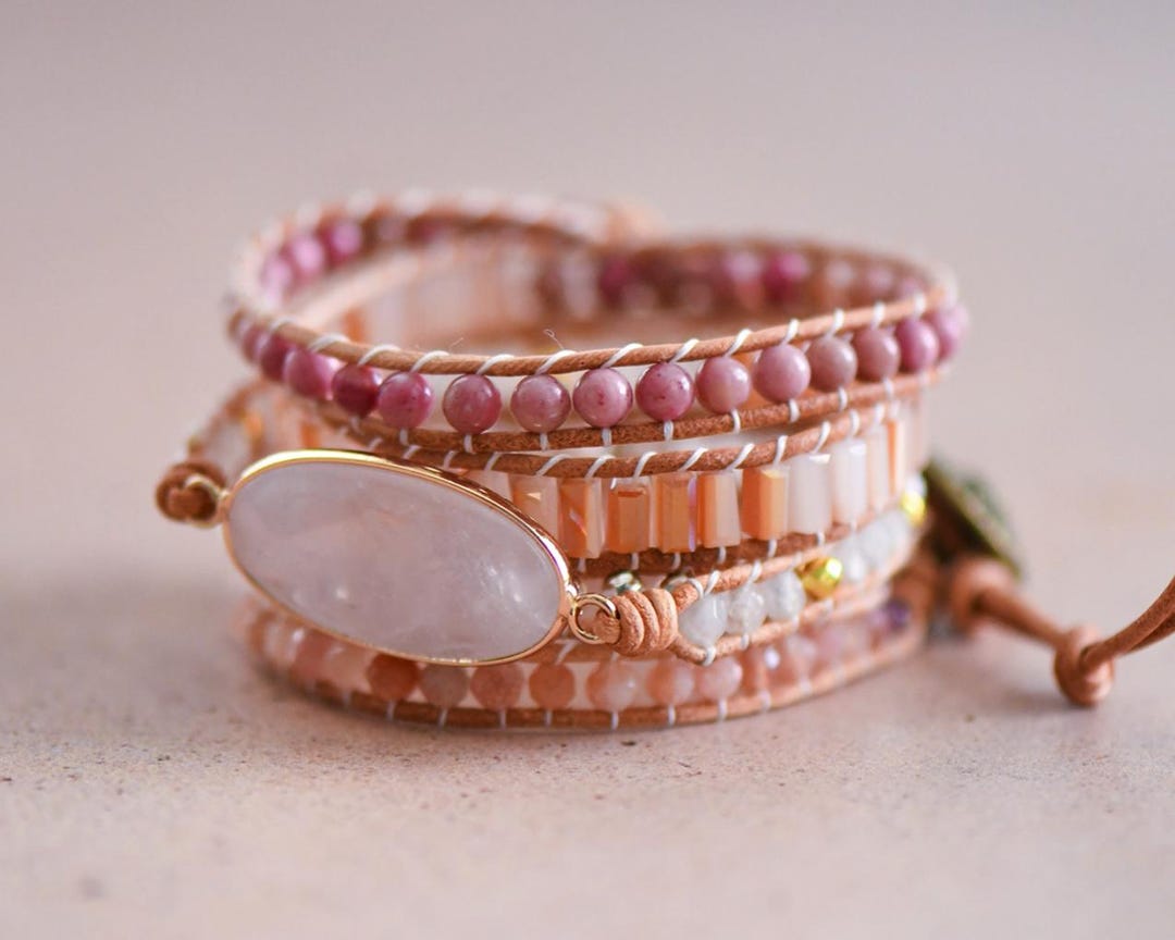 Rose Quartz Rhodonite Sunstone 5-wrap Bracelet – Pink Crystal Leather ...