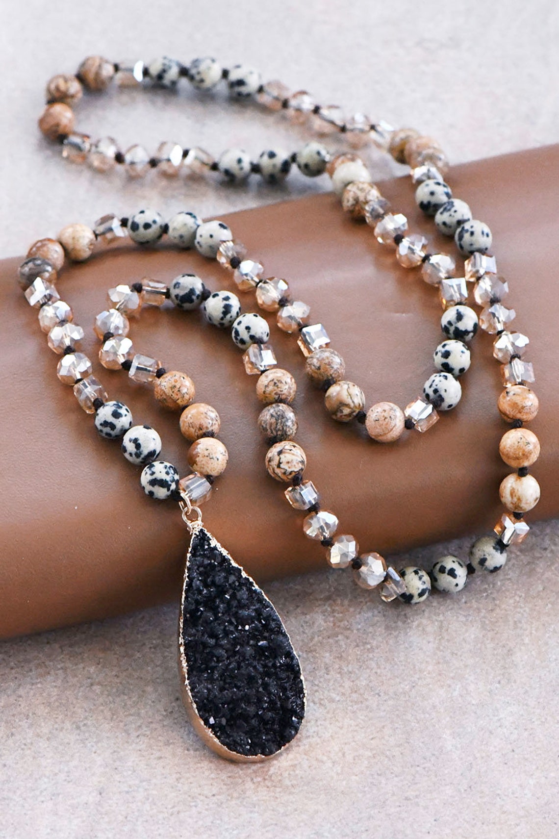 Boho Jewelry With Natural Stones, Knotted Bead Necklace, Multi-gemstone ...