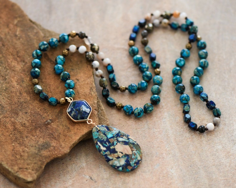 Sea Sediment Jasper Boho Long Necklace, Knotted Bead Bohemia Necklace ...