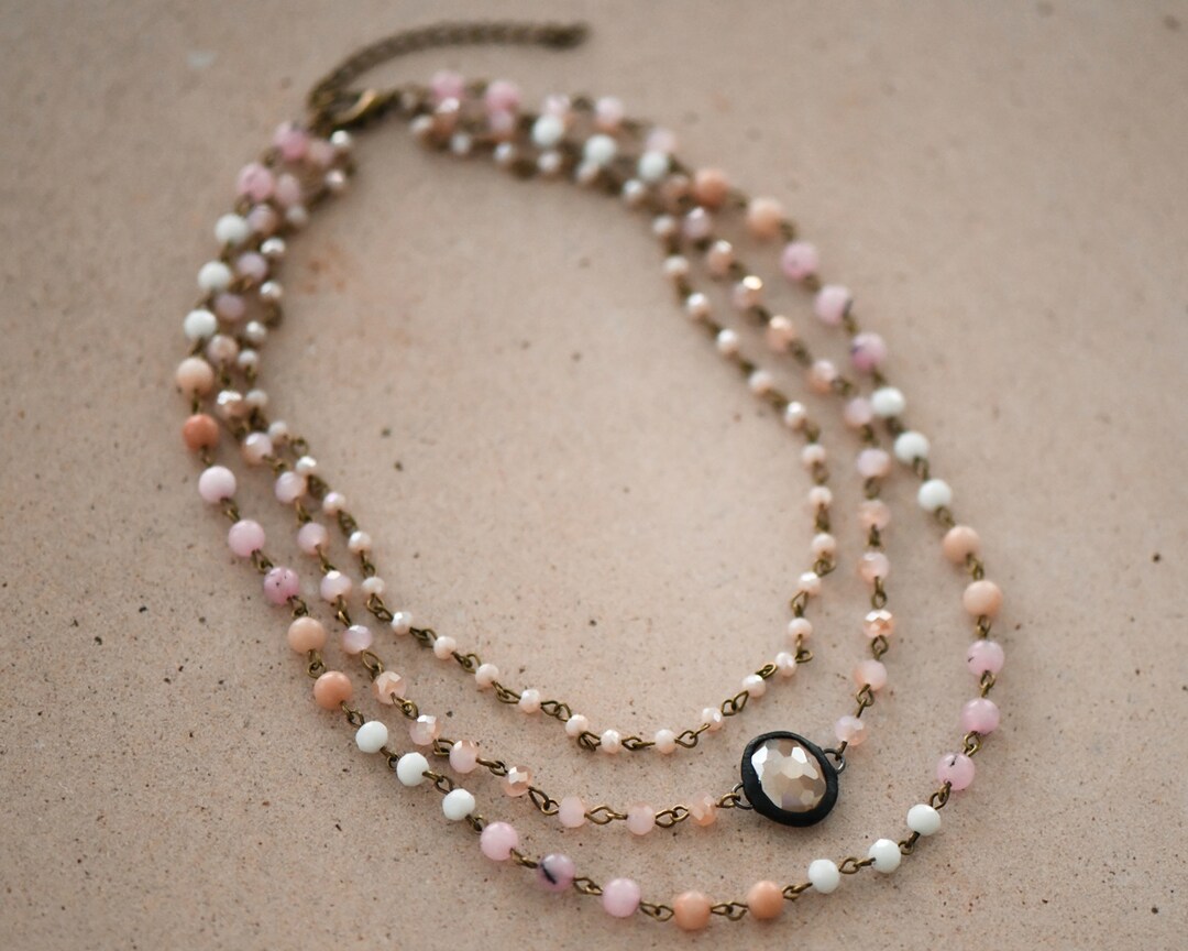 Pink Crystal Necklace, Pink Stone Necklace, Natural Stone Triple ...