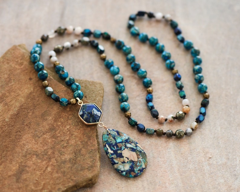 Sea Sediment Jasper Boho Long Necklace, Knotted Bead Bohemia Necklace ...