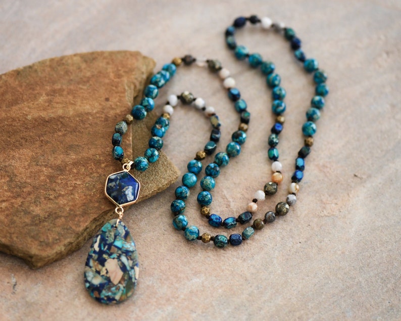 Sea Sediment Jasper Boho Long Necklace, Knotted Bead Bohemia Necklace ...
