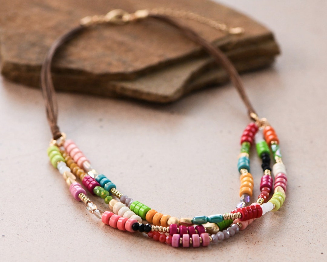 Multicolored Beaded Necklace, Colorful Rainbow Necklace, Multi-strand ...