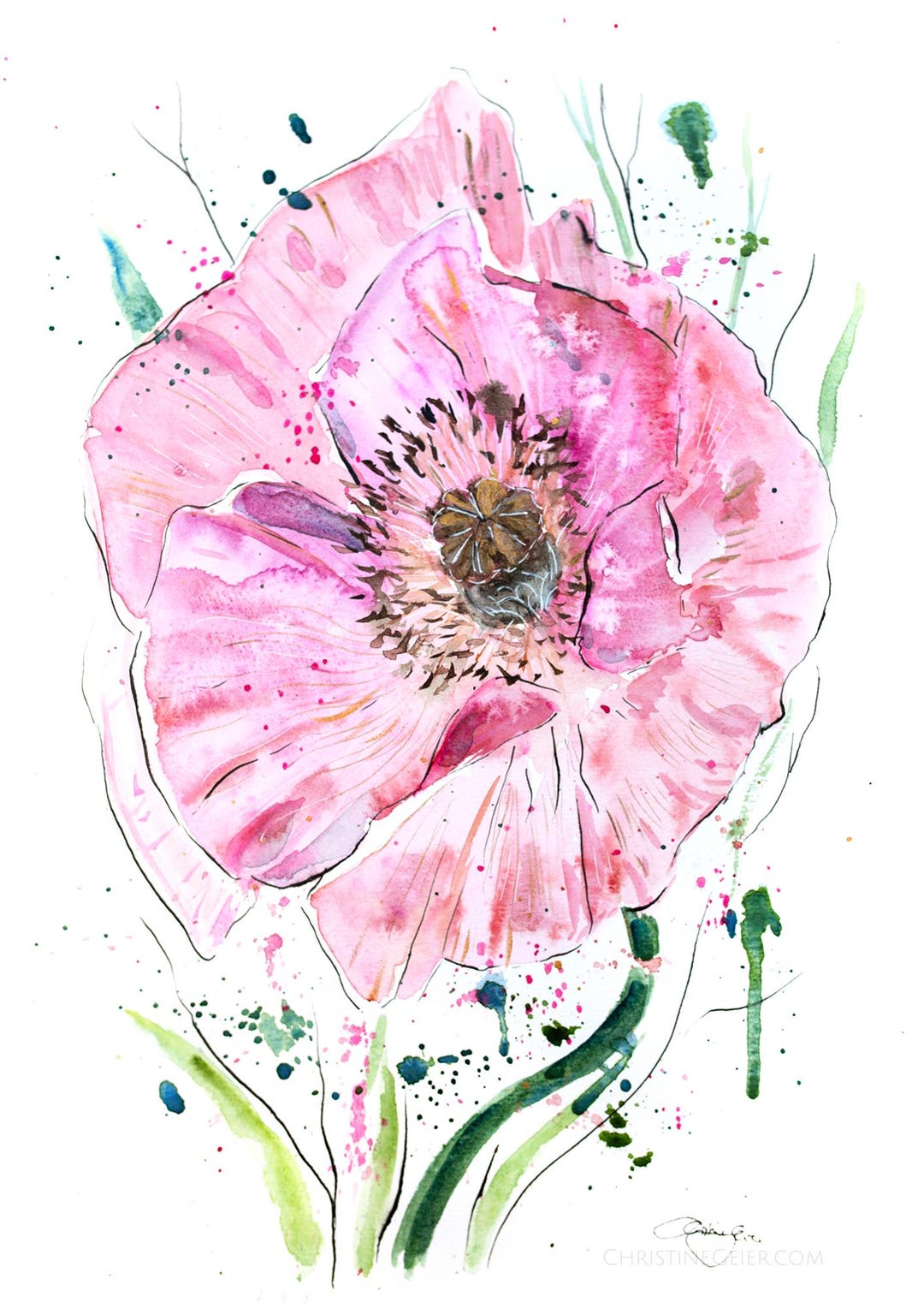 Pink Poppy Flower Original Watercolour Ink Artwork - Etsy