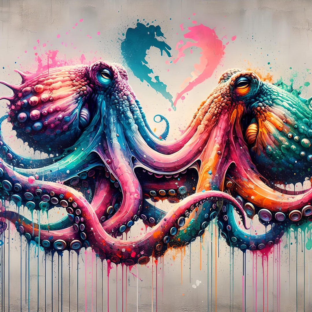 Two Octopus in Love Colorful Street Art Graffiti Art Pink Blue Green ...