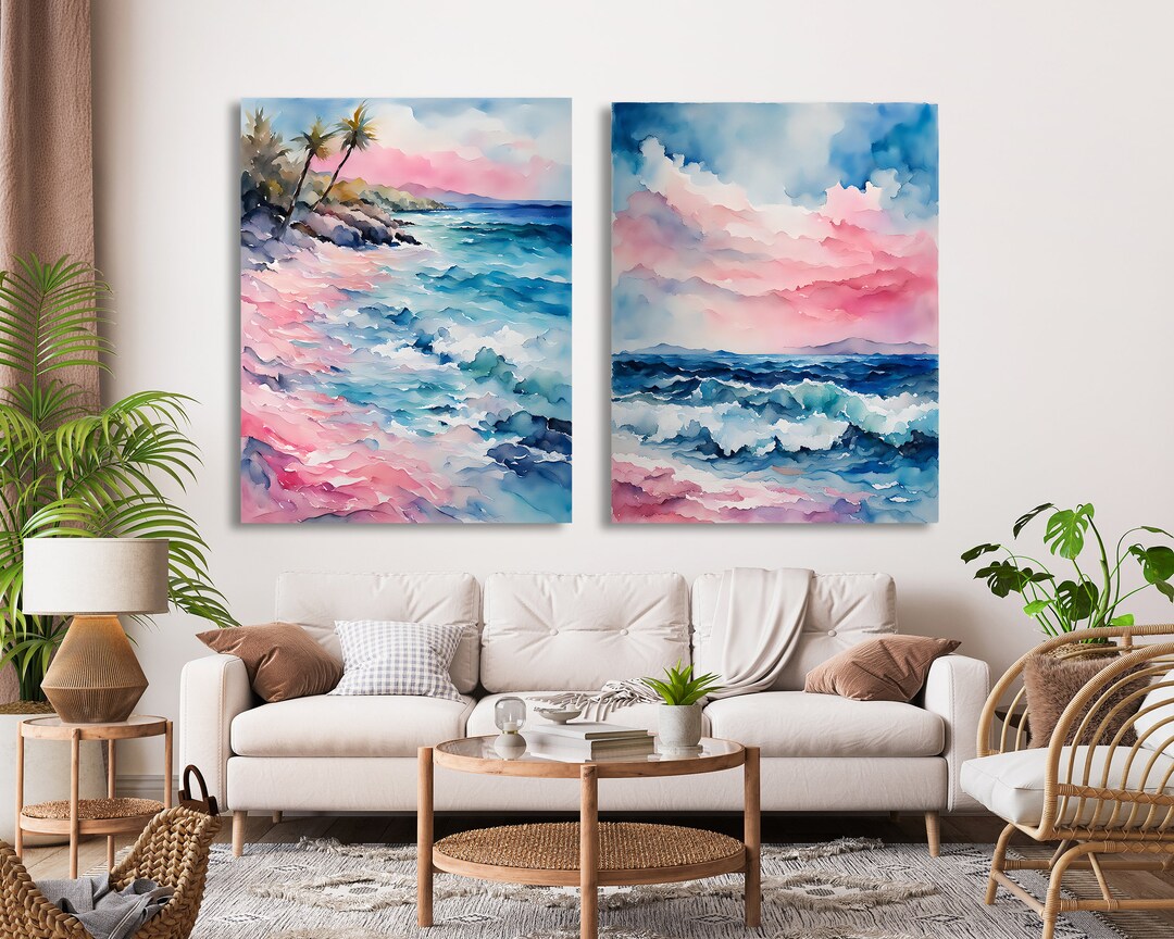 Pink Blue Watercolour Beach Scene Abstract Art Gift Wall Art Decor ...