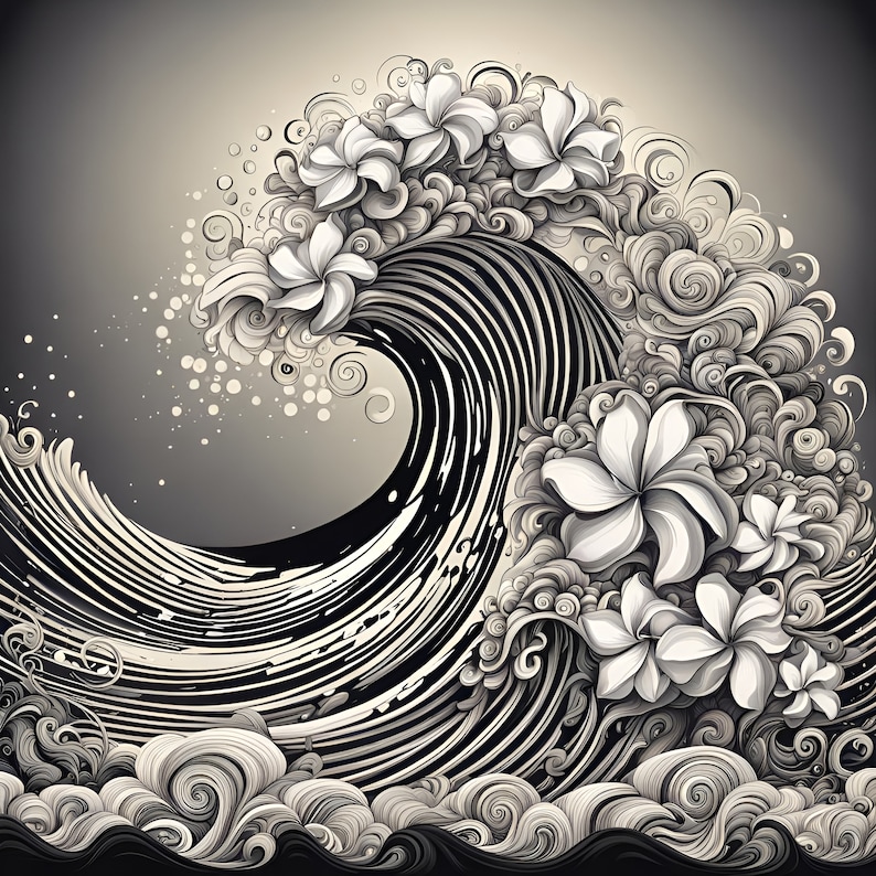 Black White Wave Poster | Floral Wave Abstract Art | Frangipani Ocean ...