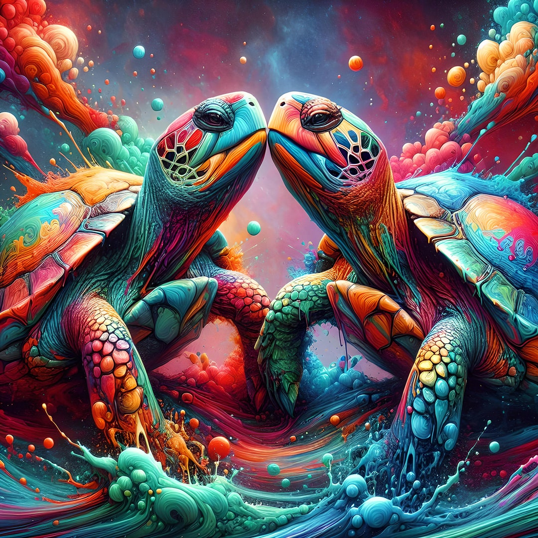 Two Colourful Turtles in Love Contrast Colour Wall Art Poster Wall ...