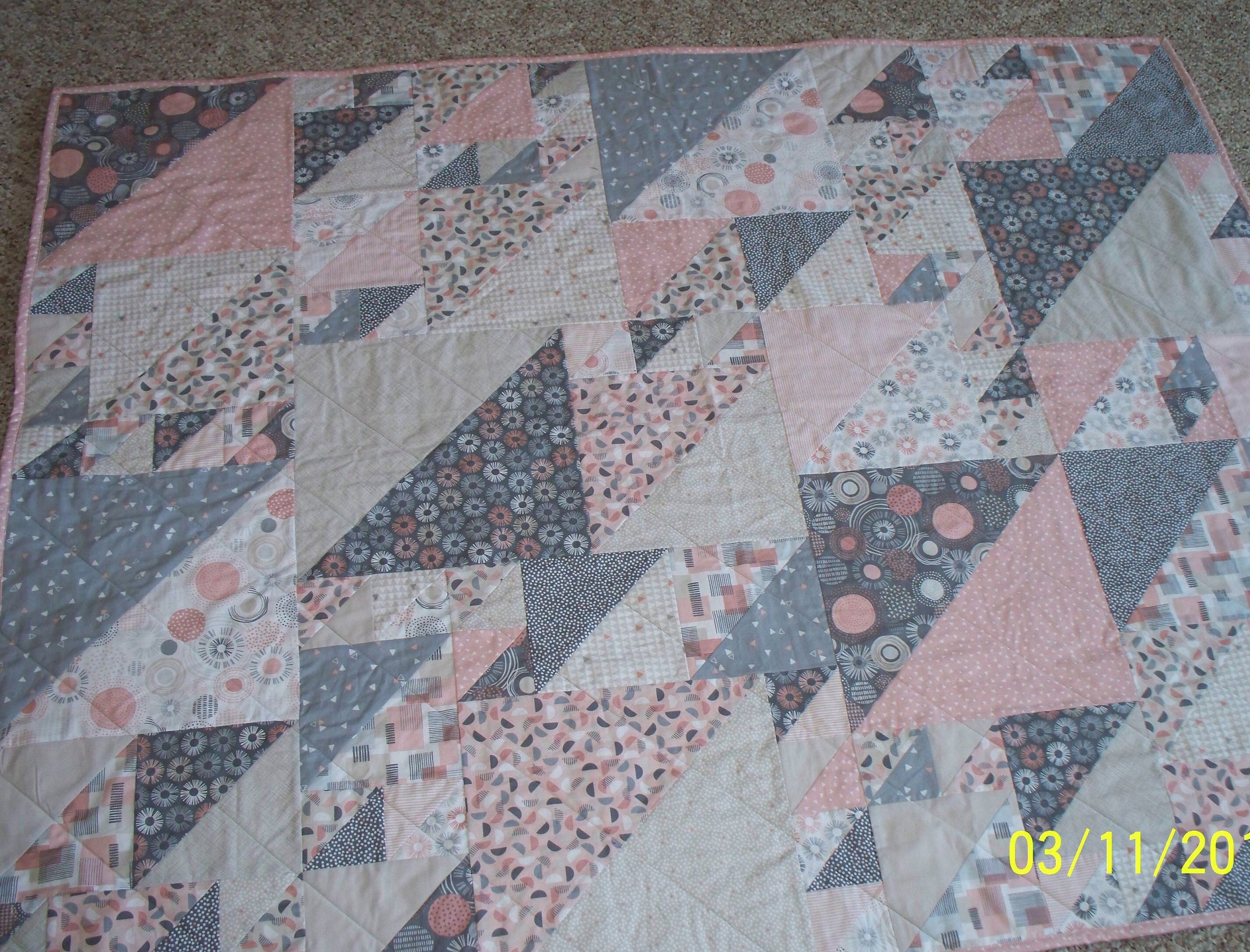 Throw Quilt; Triangles at Play; Grey; White; Pink; Baby/toddler Quilt ...