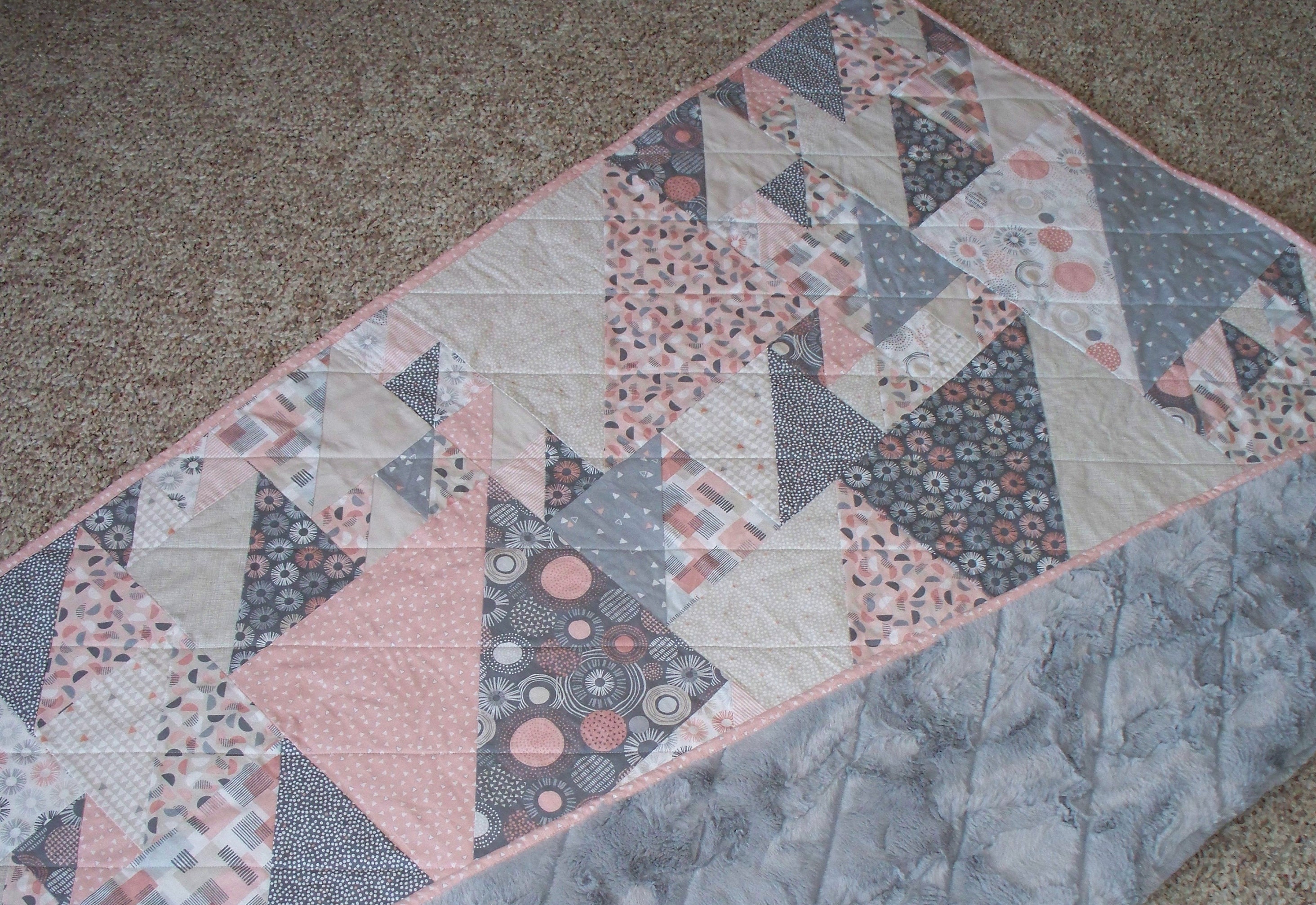 Throw Quilt; Triangles at Play; Grey; White; Pink; Baby/toddler Quilt ...