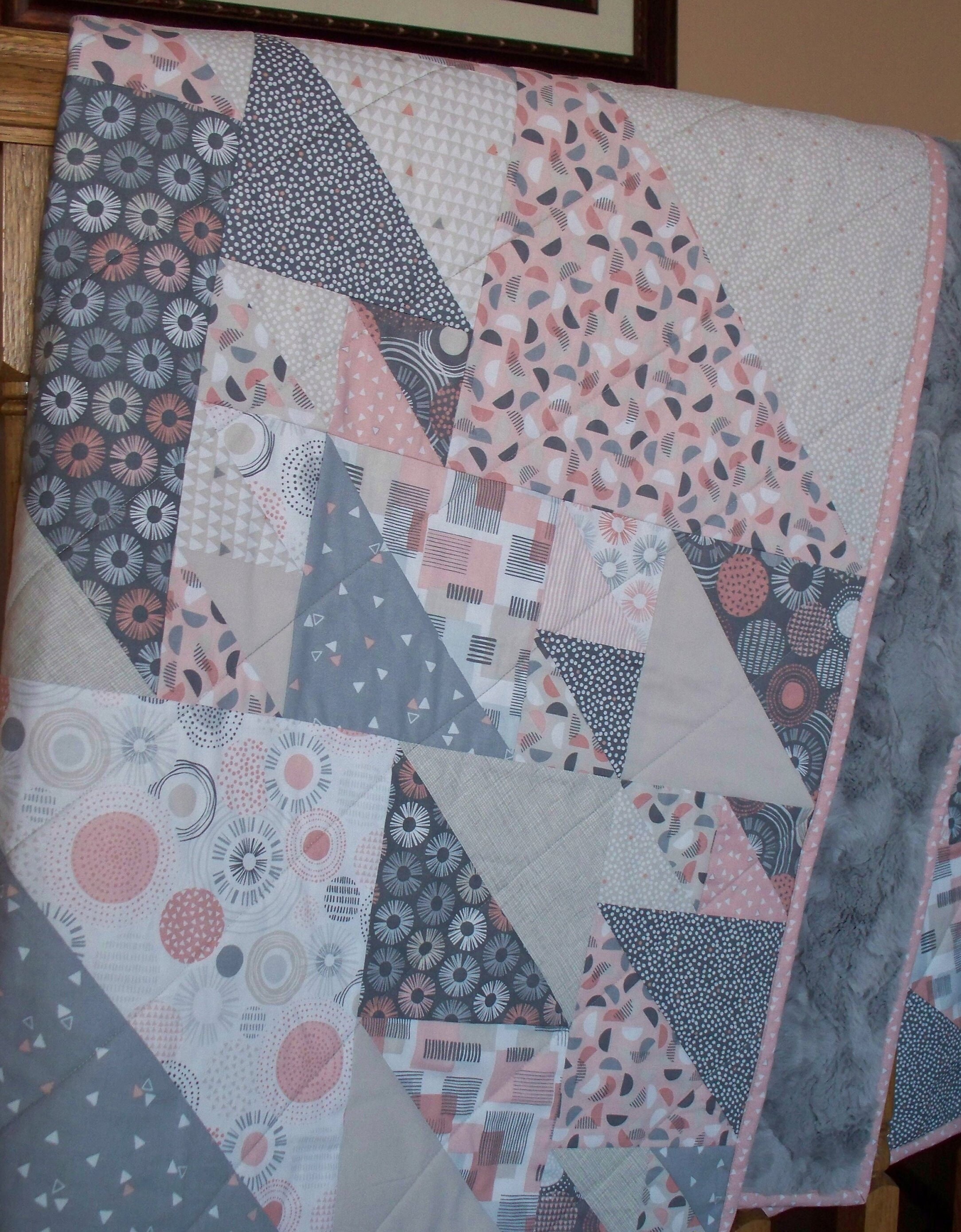 Throw Quilt; Triangles at Play; Grey; White; Pink; Baby/toddler Quilt ...