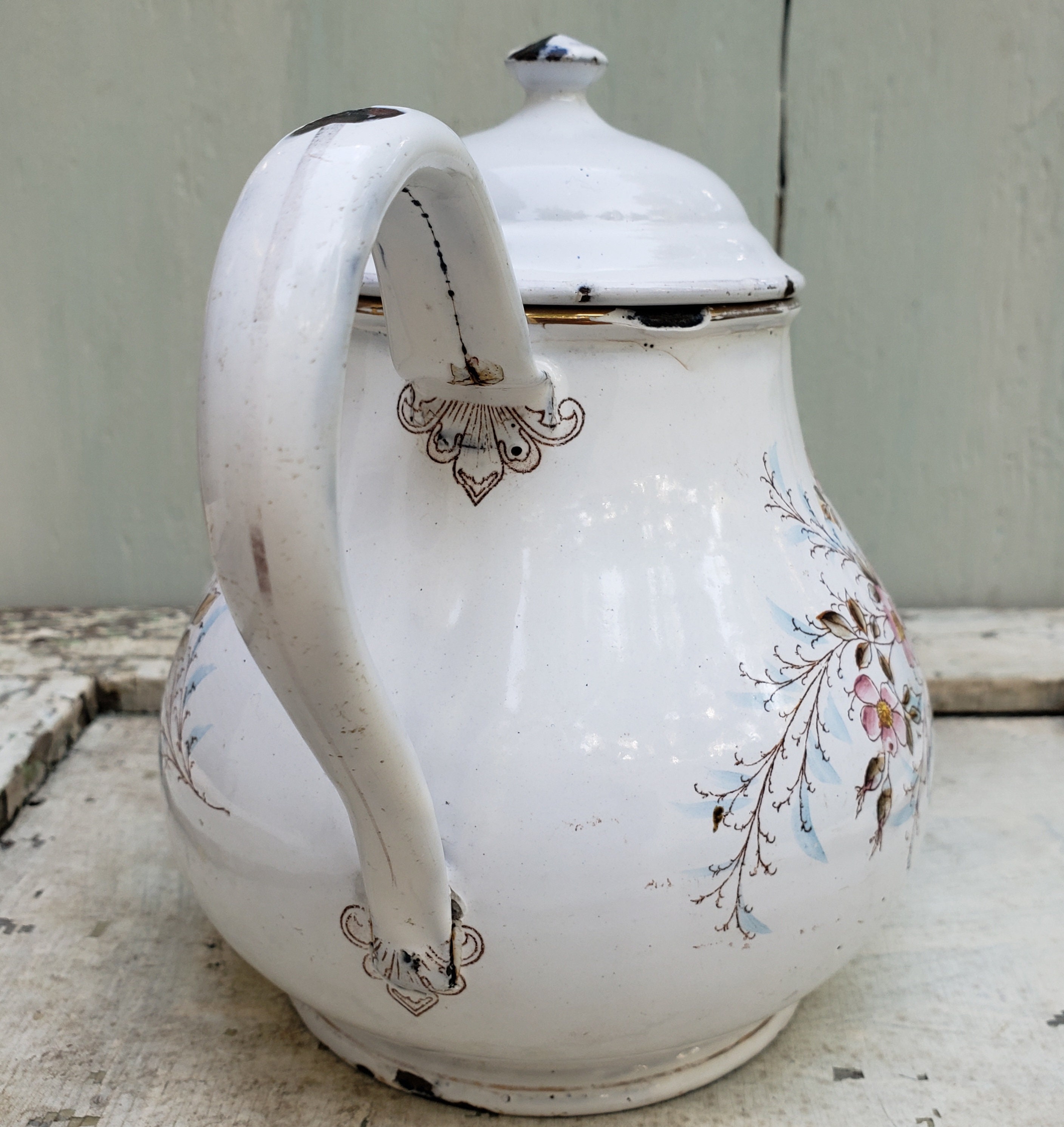 European Enameled Teapot With Handpainted Floral Design - Bing Werke - Etsy