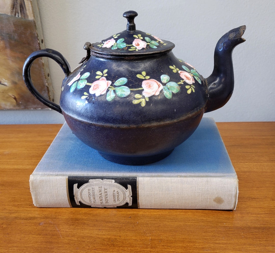 Early Enameled Teapot With Pink Floral Design in Relief, Antique French ...
