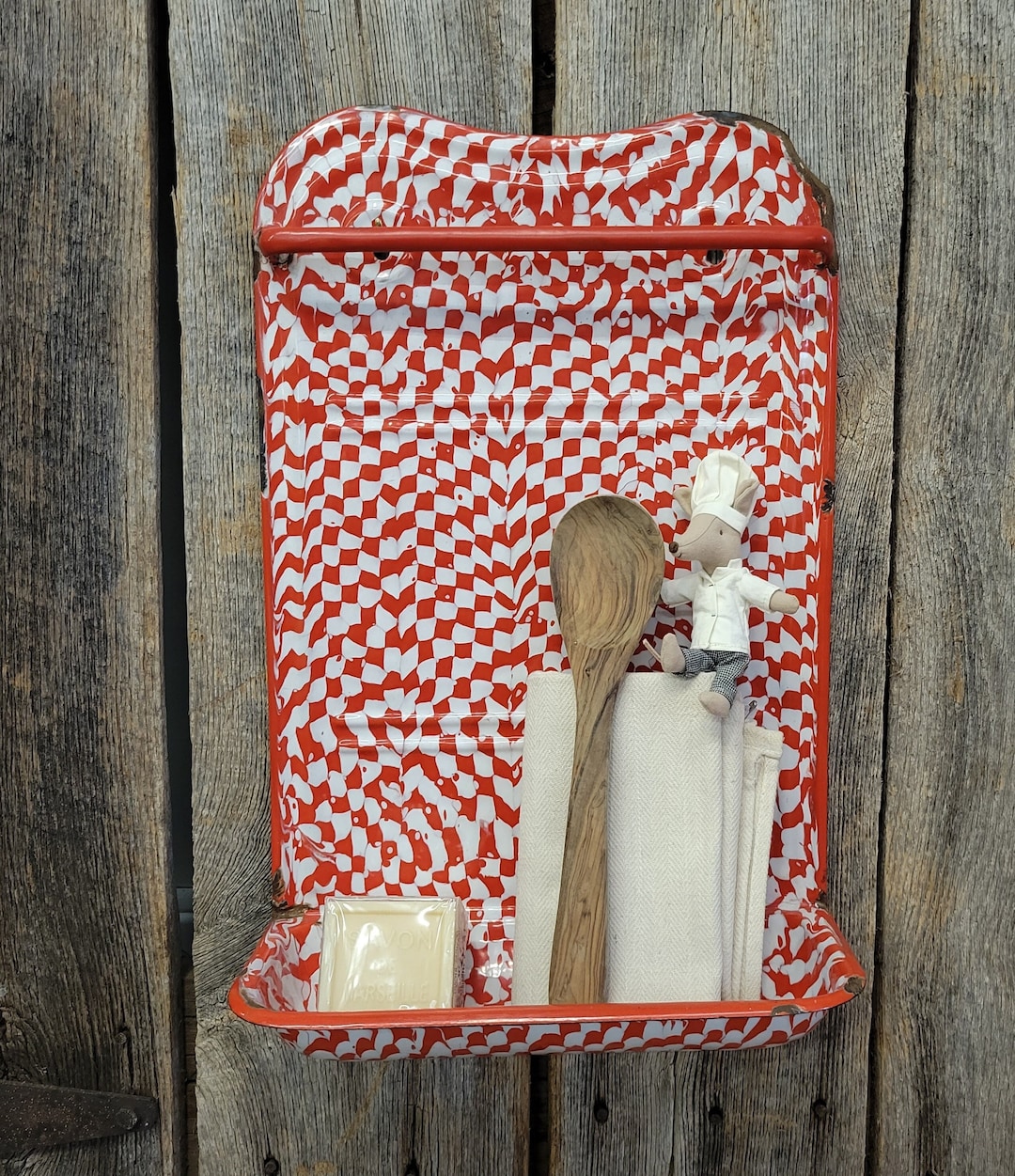 French Droopy Check Enameled Utensil Rack, Droopy Check Enamelware, Red ...