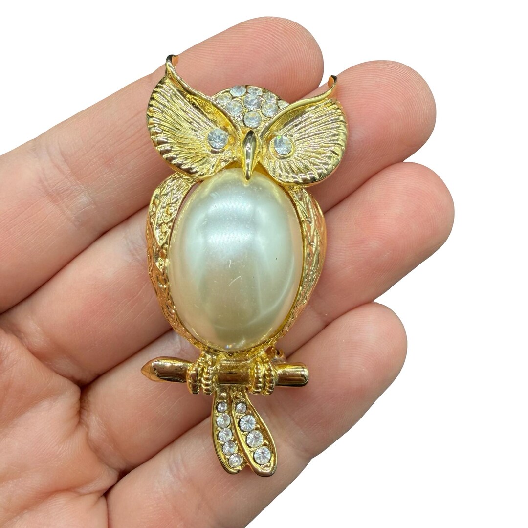 Vintage Gold Tone Faux Pearl Owl Brooch With Rhinestones Pin - Etsy