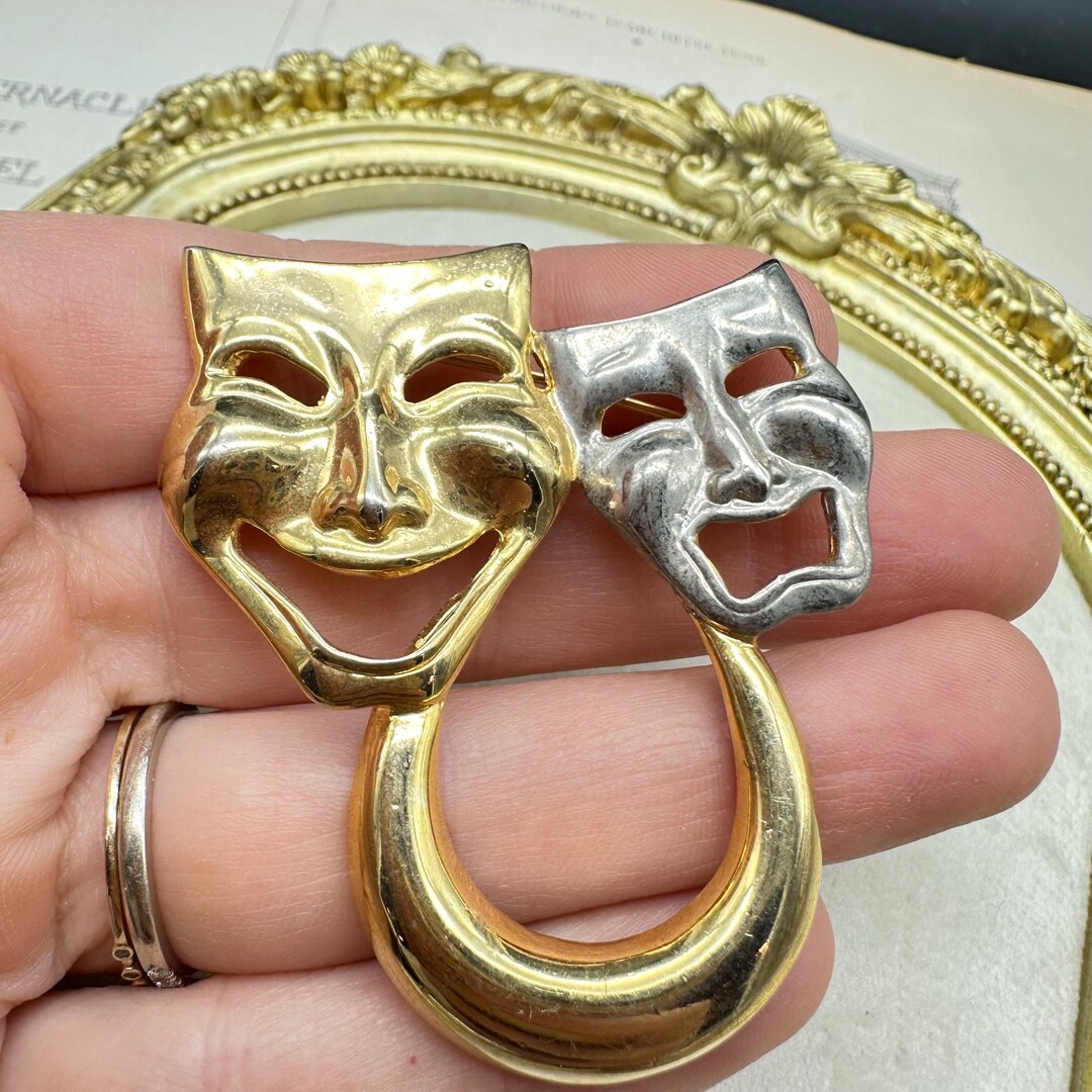 Vintage Lady Remington LR Signed Happy Sad Face Mask Brooch Pin Gold ...