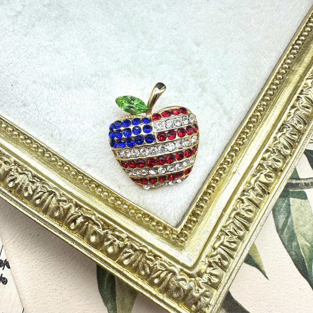 Vintage Rhinestone Apple Brooch: Patriotic American Flag Teacher Pin - Etsy