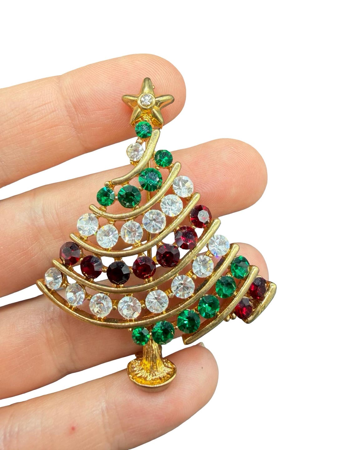 Vintage Rhinestone Christmas Tree Brooch, Mid Century Gold Tone - Etsy