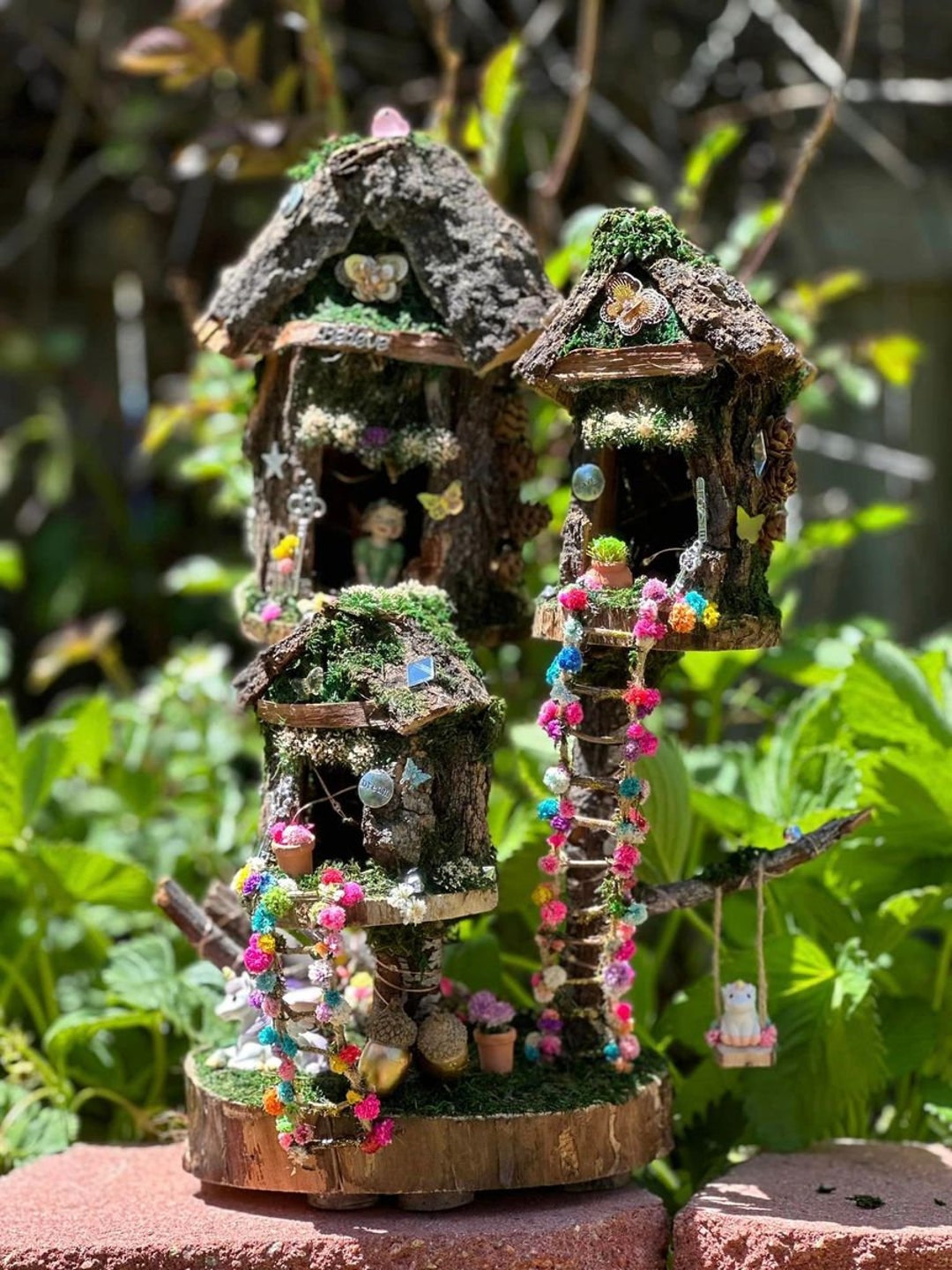 Lit Fairy House: Handmade Miniature Wooden Triple House - Etsy