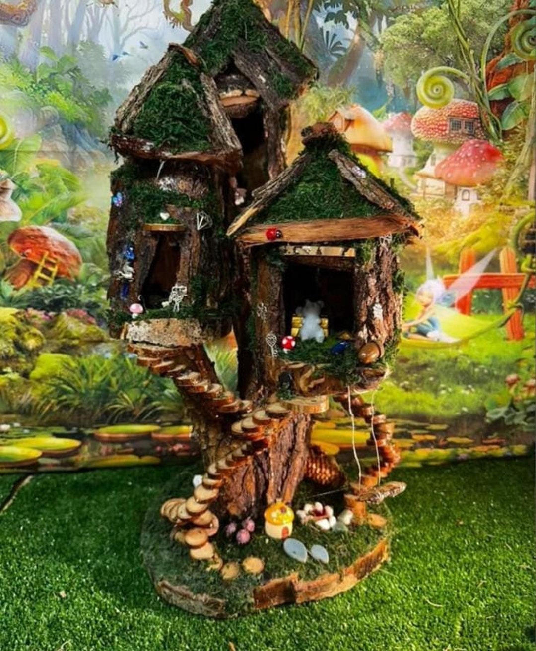 Handmade Wooden Triple Fairy House With Lights - Etsy