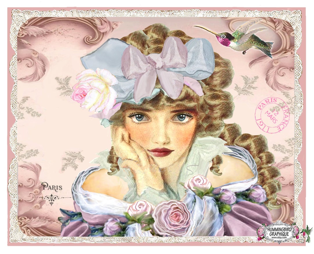 Lady in ROSE HUMMINGBIRD GARDEN Sign Large Image Instant Digital ...