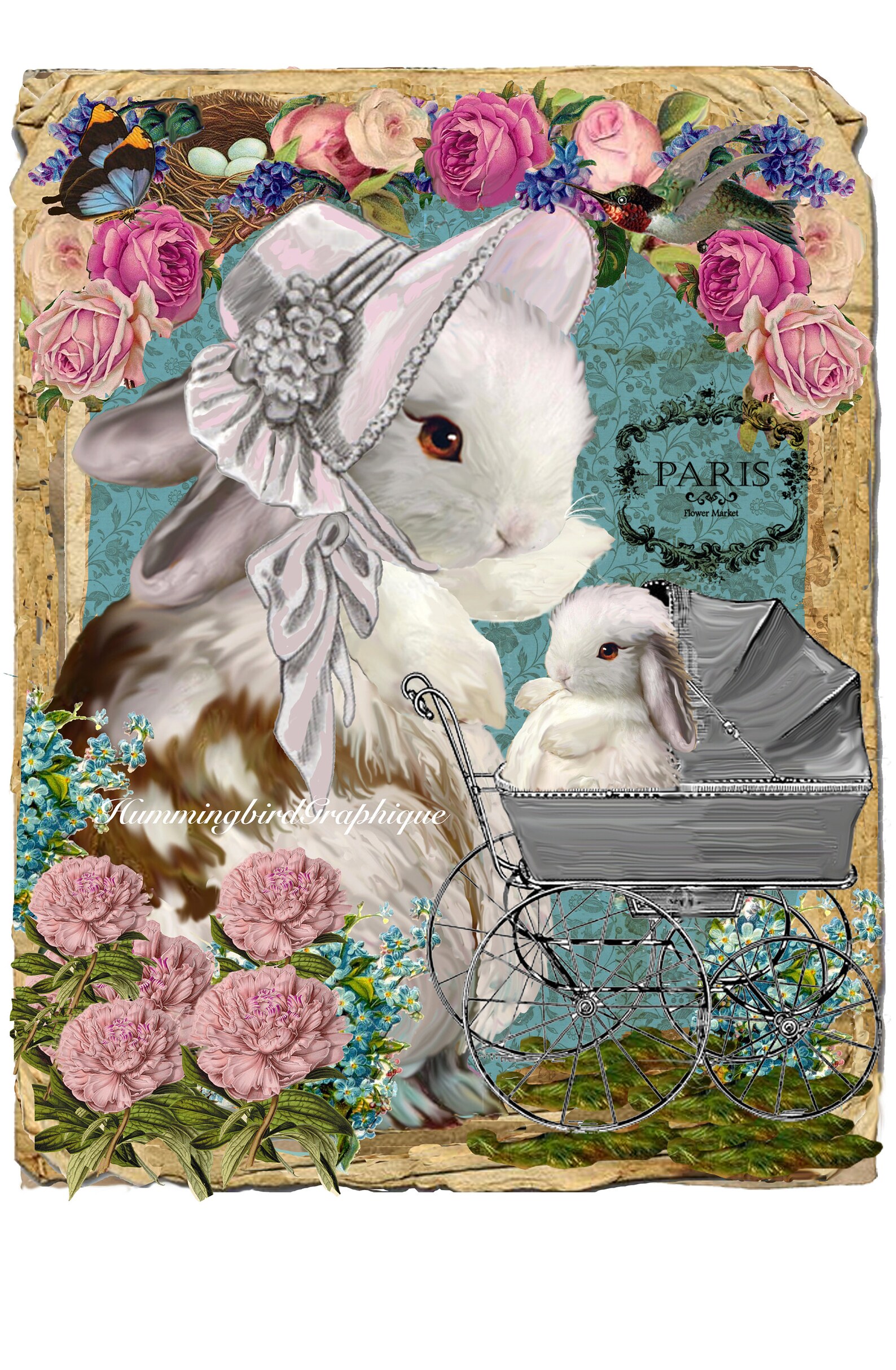 Vintage Shabby Chic CARRIAGE EASTER BUNNY Large Image Instant - Etsy