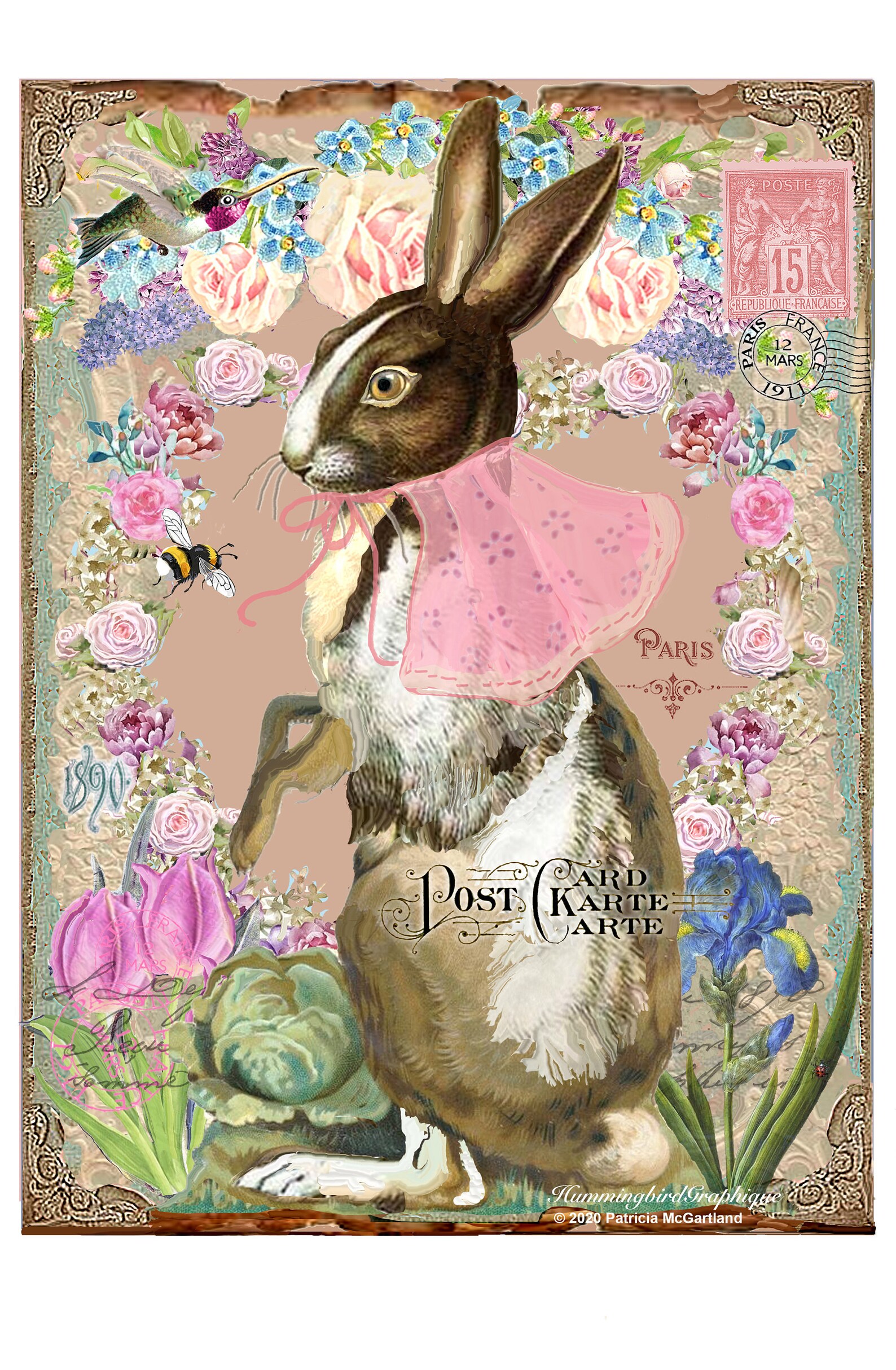 BUNNY ROSES POSTCARD Garden Large Image Download French Shabby - Etsy