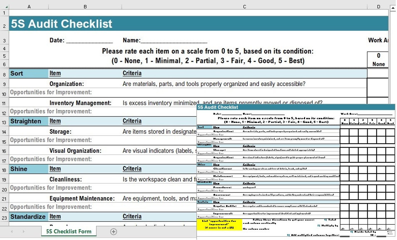 5S Checklist Template Pdf and Excel File - Etsy