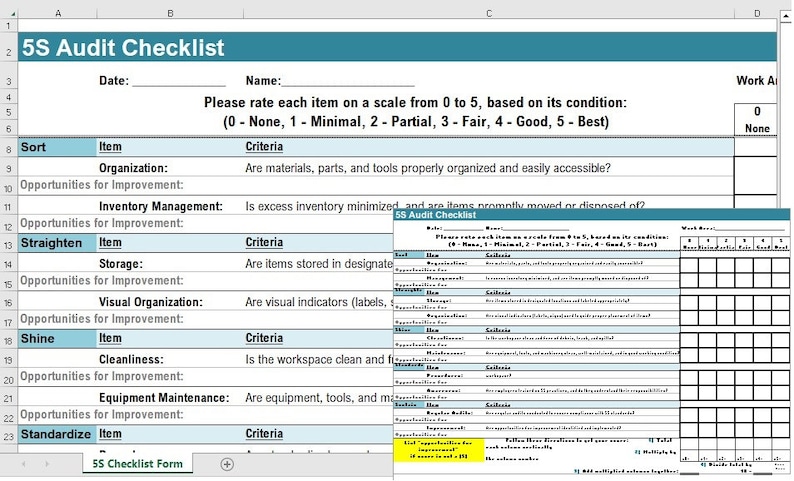 5S Checklist Template Pdf and Excel File - Etsy
