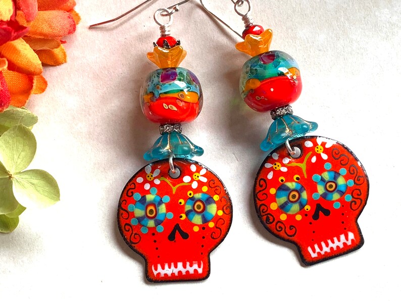 Red and Blue Earrings Enamel Skull by Cathleen Zaring - Etsy