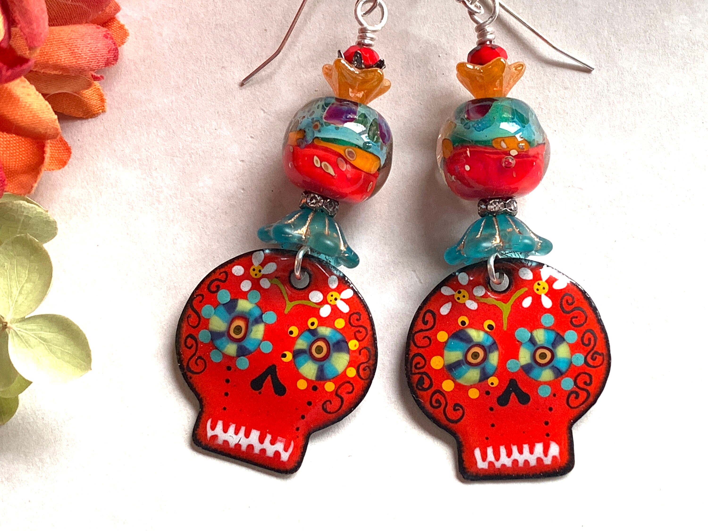 Red and Blue Earrings Enamel Skull by Cathleen Zaring - Etsy