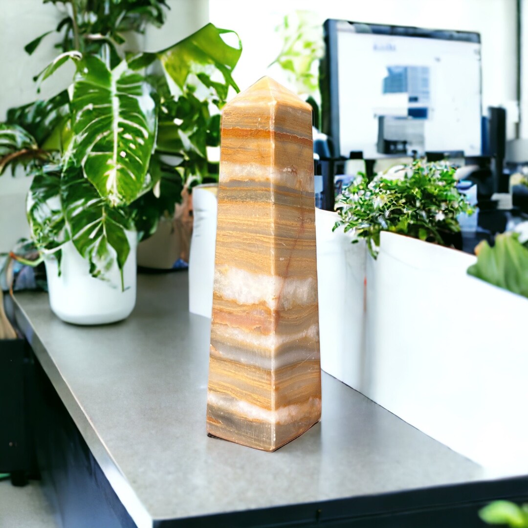 Yellow Crystal Tower Peach Calcite Orange Calcite Yellow Home Decor Yellow Desk Decor Solar ...