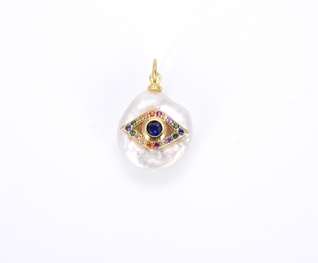 18K Gold Filled Freshwater Pearl Evil Eye Charm, Multiple CZ Micro Pave ...