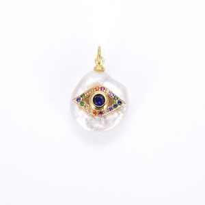 18K Gold Filled Freshwater Pearl Evil Eye Charm, Multiple CZ Micro Pave ...