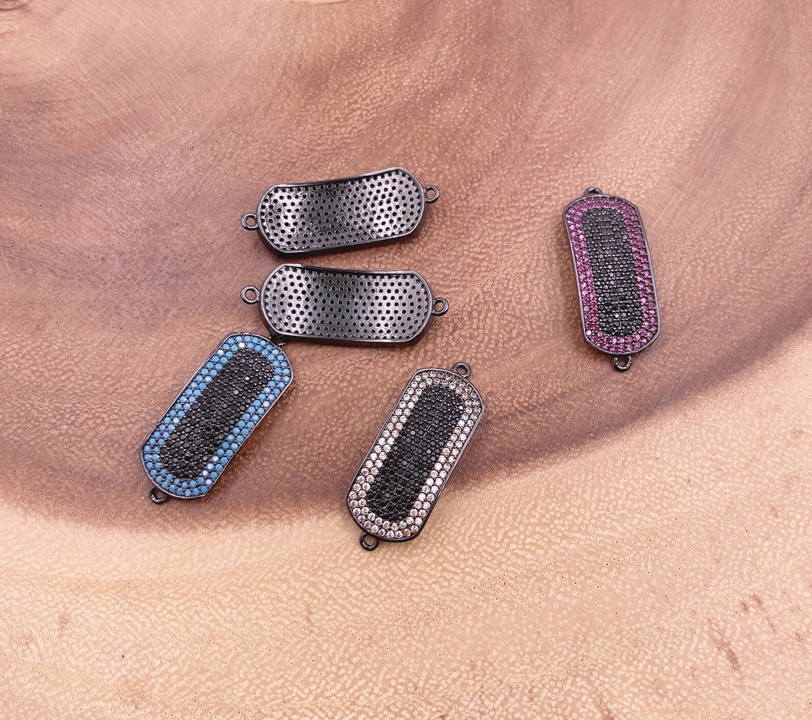 Black CZ Curved Oval Connector, Oblong Bar Micro Pave Connector, Curved ...