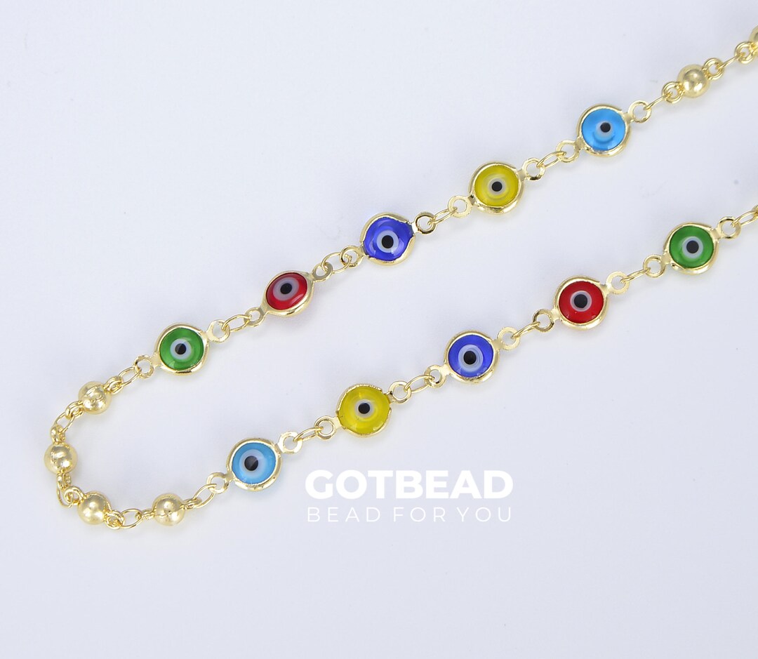18K Gold Evil Eye Beaded Chain, Multicolor Enamel Evil Eye Choker ...