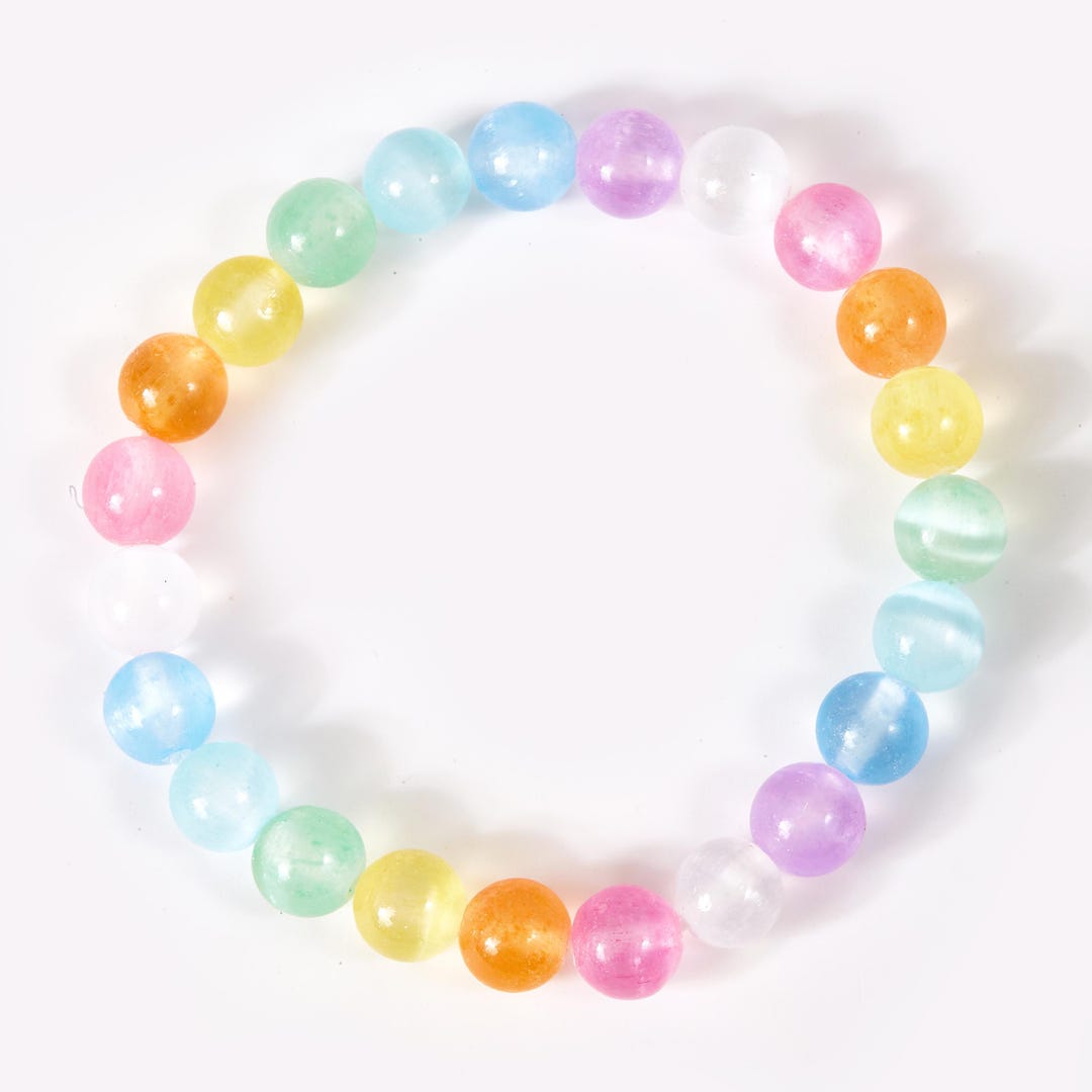 Multicolor Colorful Gypsum Stone Bracelet, Selenite 6/8mm Round Rainbow ...